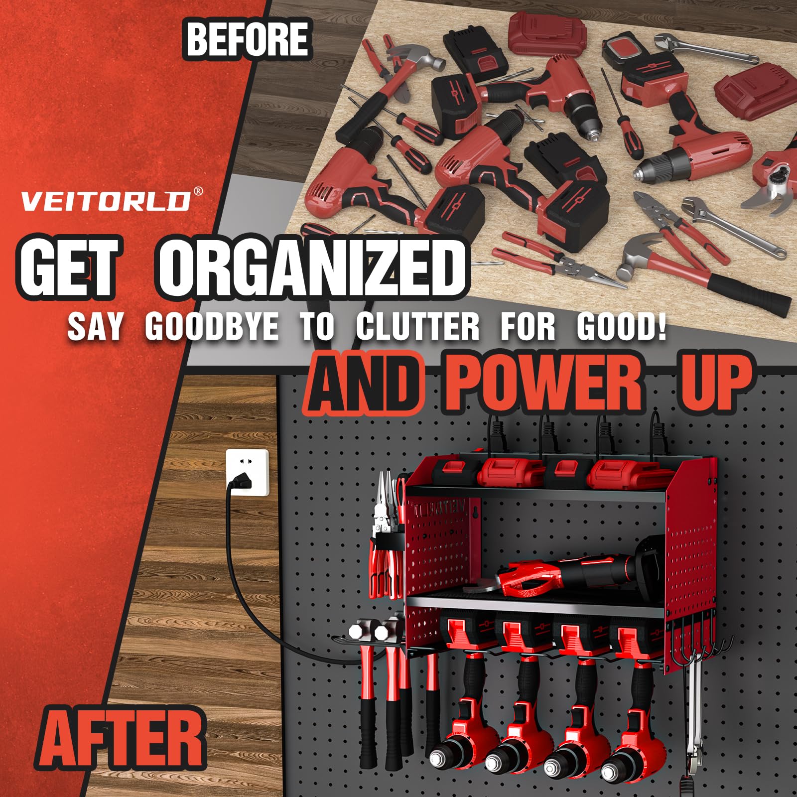 Veitorld Power Tool Organizer with Charging Station, 4 Drill Holders, Heavy Duty Modular Wall Mount Rack for Garage & Shed Organization, Tool Storage Organizer, Gifts for Men Dad Husband Christmas