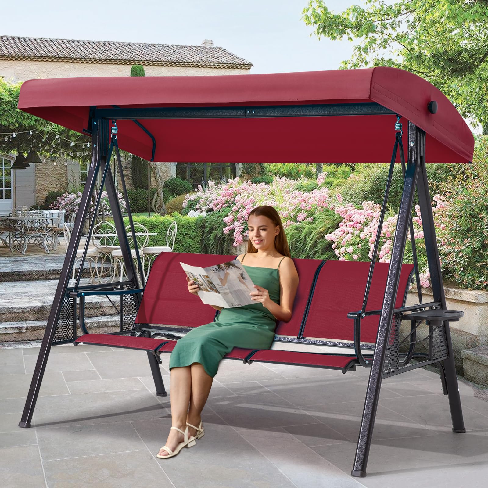 Yalissey 3 Seat Outdoor Swing with Canopy, Patio Swing Chair with Textilene Backrest & 2 Cup Holders for Backyard, Porch, Garden (Wine Red)