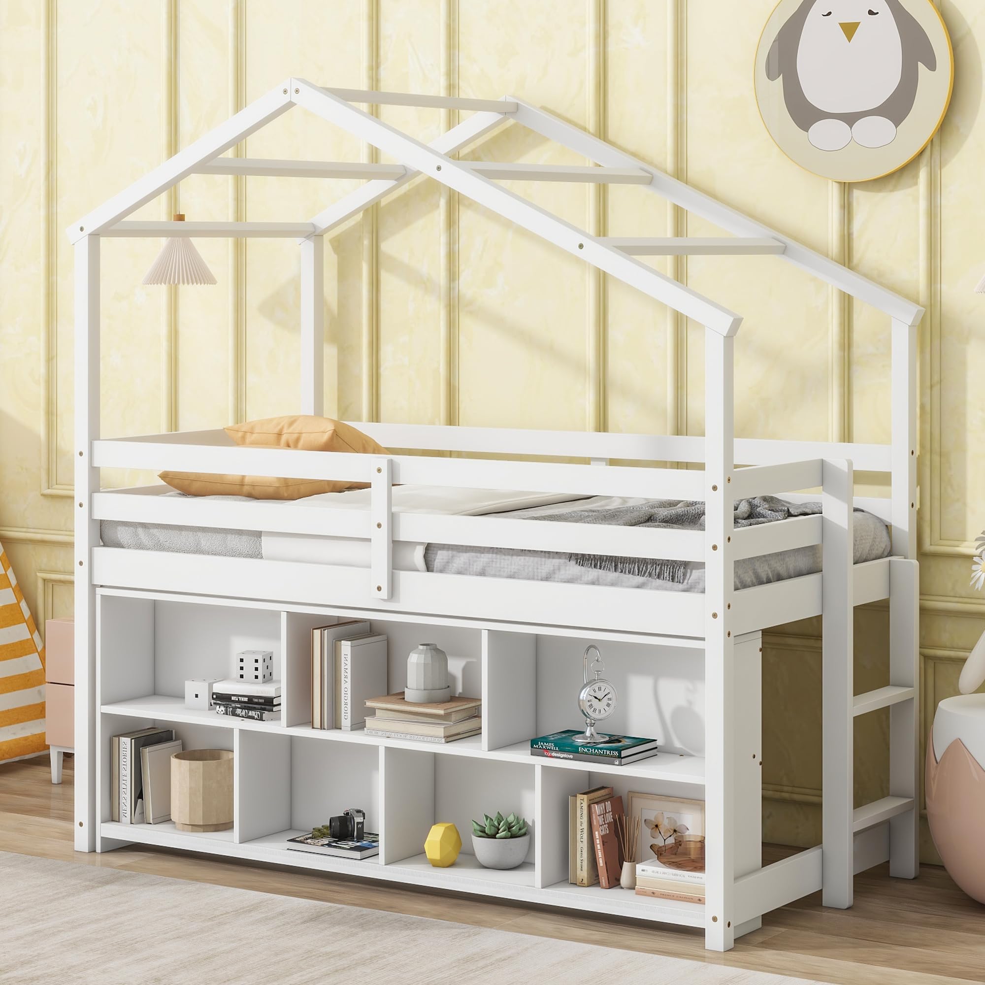 Twin Size House Loft Bed with Roof Frame, Under Bed Shelving Storage Unit, Solid Wood Loft Bed Frame with Ladder and Guardrails for Kids Teens Boys Girls, No Box Spring Needed (White)