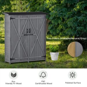 Outdoor Wooden Storage Cabinet Waterproof, Garden Tool Shed with 3-Tier Shelves, Outside Vertical Shed with 2 Double Doors, Fir Wood, 2 Locks & Handles, Gray