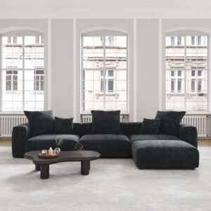 sdorens l shaped sofa with ottoman, 141.73" modular sectional sofa couch, corduroy fabric couches with 5 pillows, oversized sectional sofa for living room, black