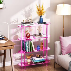 solaround Clear Bookshelf, Acrylic Bookcase with Open Book Shelf Console Table for Entryway Office (4 Tier Pink)