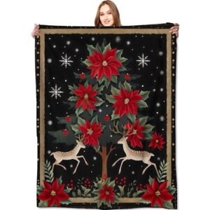 vodrm reindeer blanket poinsettia and tree throw blankets,birthday gifts for kids girls boys,lightweight soft fleece,festive holiday lovers,sofa couch bed room christmas decor 50x60in