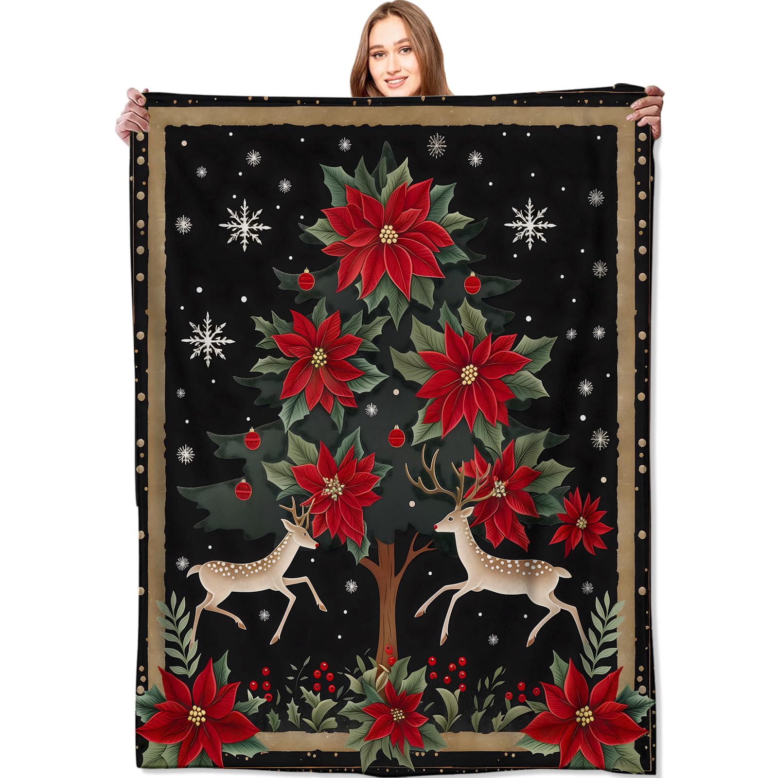 VODRM Reindeer Blanket Poinsettia and Tree Throw Blankets,Birthday Gifts for Kids Girls Boys,Lightweight Soft Fleece,Festive Holiday Lovers,Sofa Couch Bed Room Christmas Decor 50x60in