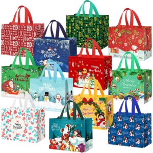 12pack large christmas bags for gifts, 12 styles reusable christmas gift bags with handle, 12.4"×9.7"×6.8"christmas tote bags for gifts, xmas gift bags, holiday gift bags for christmas presents