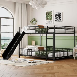 bellemave full over full bunk bed with slide and ladder, metal bunk bed for kids, girls, boys, removable fence, low bunk bed with slide, with door, black