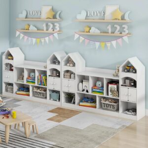 Vabches Kids Bookcase and Toy Storage Cabinet, Children Bookshelf, Castle Shape, Playroom Furniture Multipurpose Shelf for Toddlers to Organize Toys and Books Magic Castle, Cool White