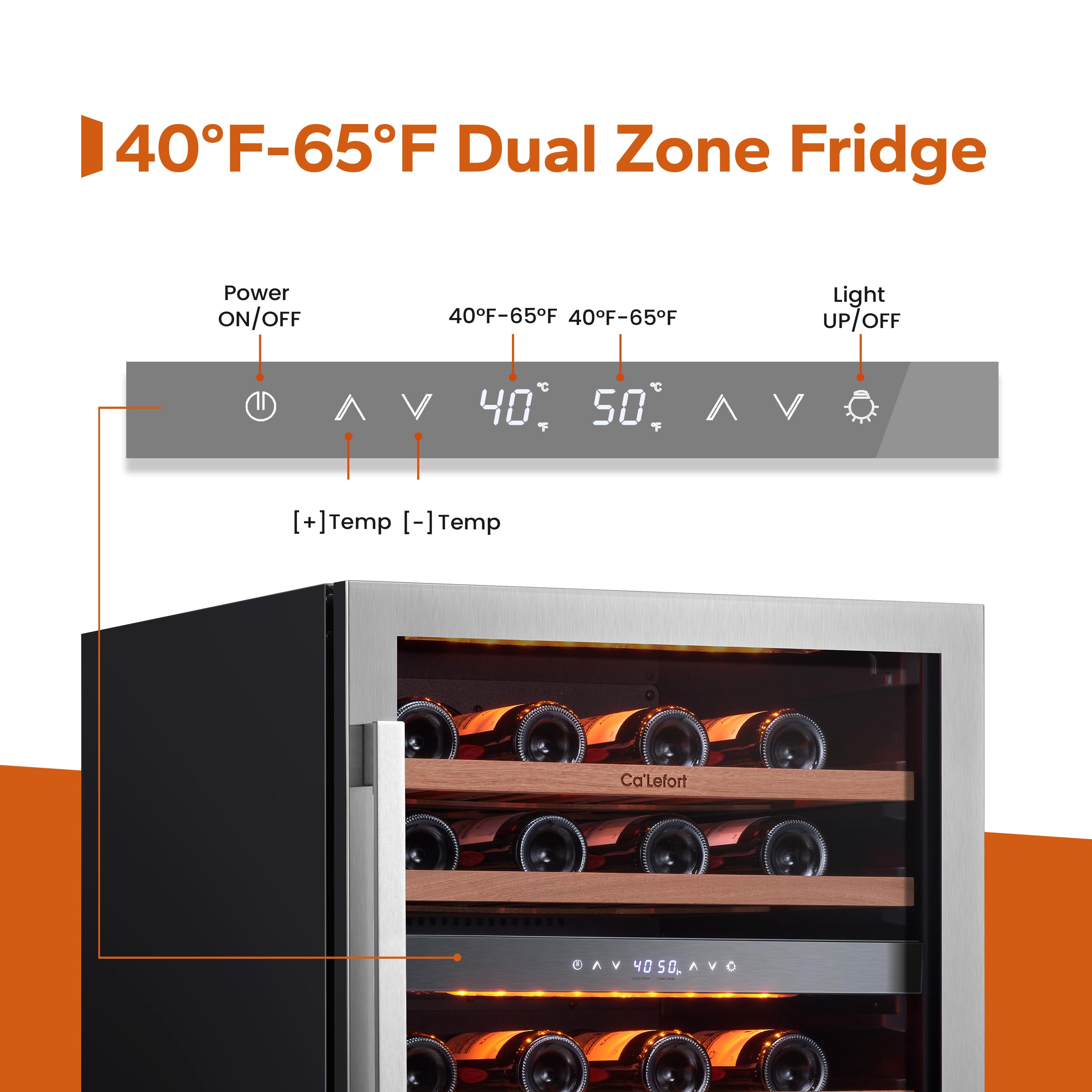 Ca'Lefort Wine Fridge & Cooler - 24 Inch Wine Cooler Refrigerator Hold 46 Bottle, 40-65°F Dual Zone Refrigerator Glass Door, 3 LED Built-in, Under Counter or Freestanding for Home Kitchen (5.65 cu.ft)