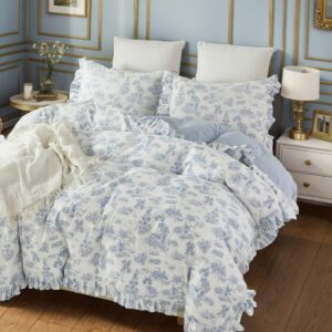 brandream french country toile queen duvet cover set for girl women bedroom vintage blue toile floral print 100% cotton duvet quilt comforter cover pillow shams set with delicate ruffle fringe