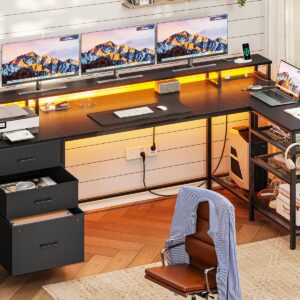 UPOSOJA L Shaped Gaming Desk with 3 Drawers, 78" Reversible Computer Desk with Power Outlet & LED Strip, Home Office Desk with Storage Shelves, Monitor Shelf, Mouse Pad Black