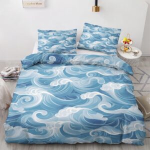 qpazynthy japanese wave bedding queen size, blue ocean duvet cover set 3 pieces, nautical abstract duvet cover and 2 pillow shams, soft microfiber comforter cover with zipper closure