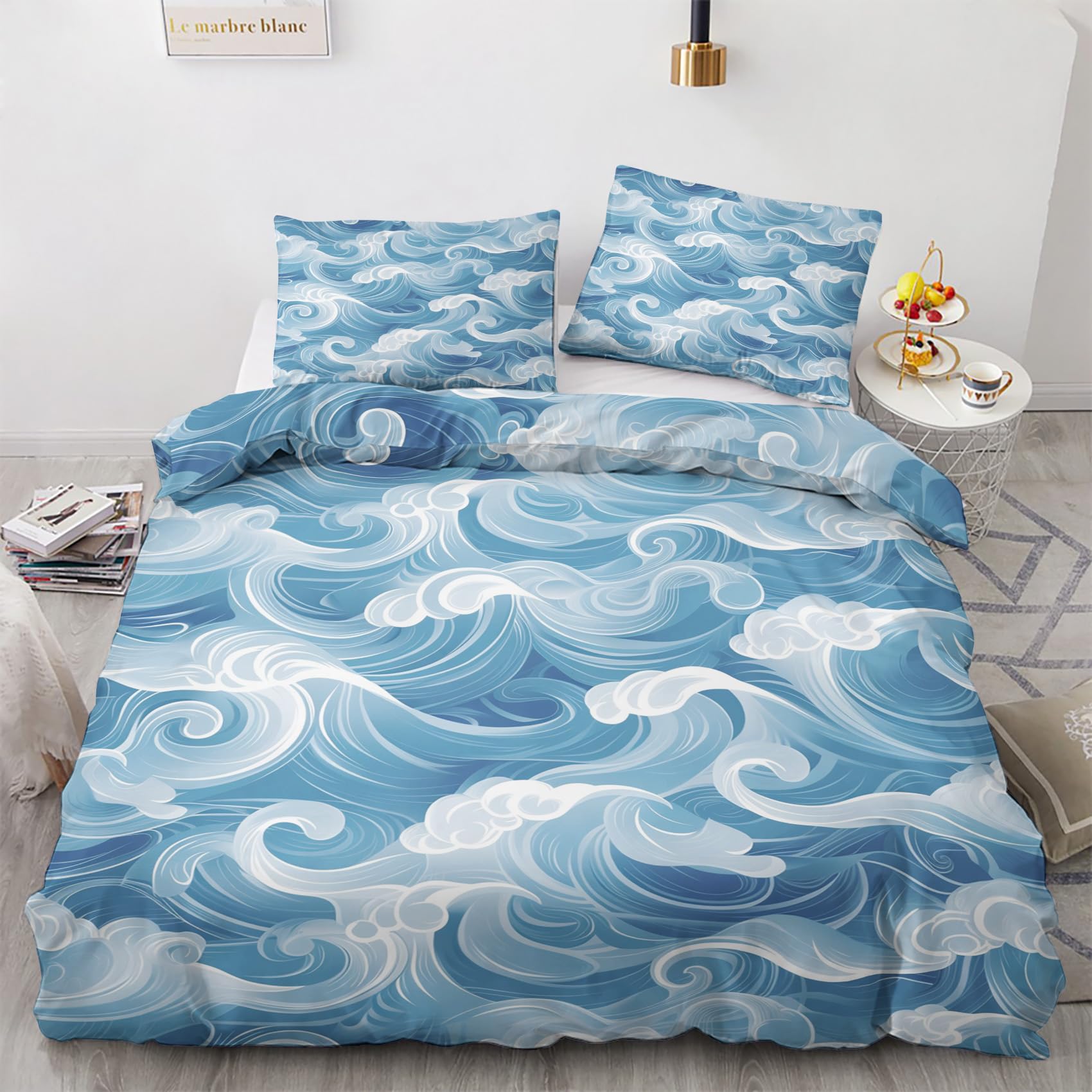 QpaZynthy Japanese Wave Bedding Queen Size, Blue Ocean Duvet Cover Set 3 Pieces, Nautical Abstract Duvet Cover and 2 Pillow Shams, Soft Microfiber Comforter Cover with Zipper Closure