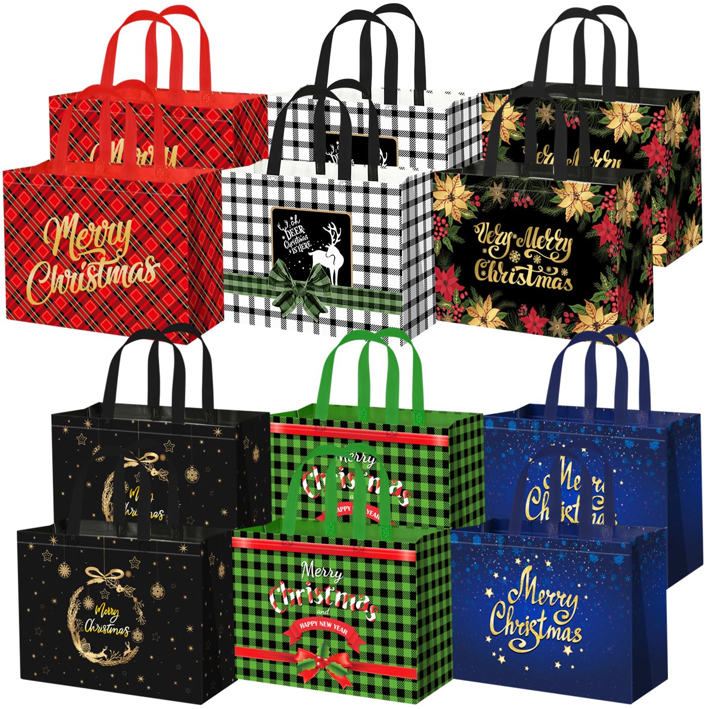 12Pack Extra Large Christmas Gift Bags, 16.5"×12.6"×7.2" Reusable Non-Woven Christmas Tote Bags with Handles, Multifunctional Christmas Bags for Gifts, Xmas's Party Supplies, New Year, Shopping