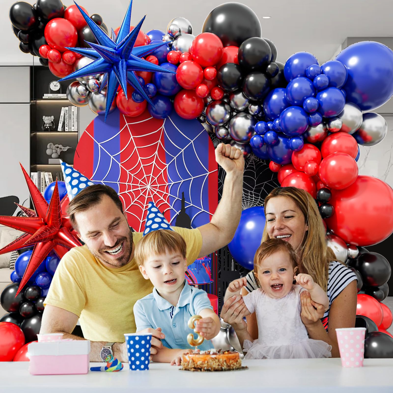 134PCS Black Red and Blue Balloons Arch Garland Kit, Spider Theme Balloon Arch for Men with Foil Balloons for Baby Shower Spider Theme Birthday Party Decorations