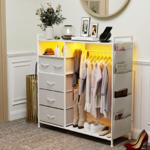 ARTETHYS Dresser for Bedroom with Hanging Rack 5 Drawer Dresser with LED Lights and Charging Station White Fabric Dresser Storage Chest of Drawers for Closet