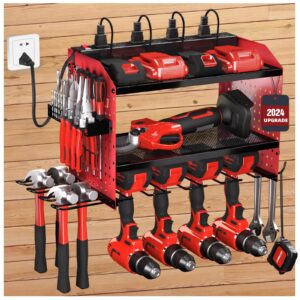 veitorld power tool organizer with charging station, 4 drill holders, heavy duty modular wall mount rack for garage & shed organization, tool storage organizer, gifts for men dad husband christmas