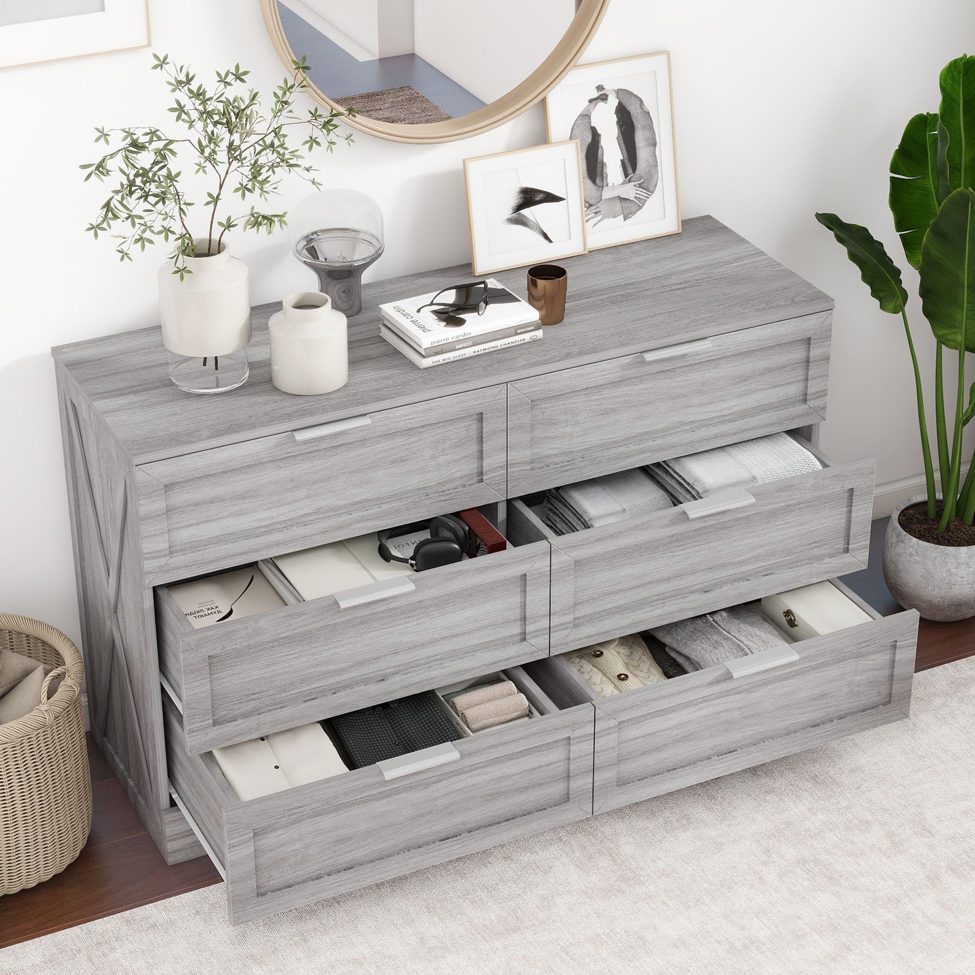 FTZxHKLX Modern 6-Drawer Dresser for Bedroom, Dresser Chest of Drawer with Large Drawers & Golden Handles, Wooden Dresser Drawer Storage Unit for Bedroom, Living Room, Closet (Wash Grey)