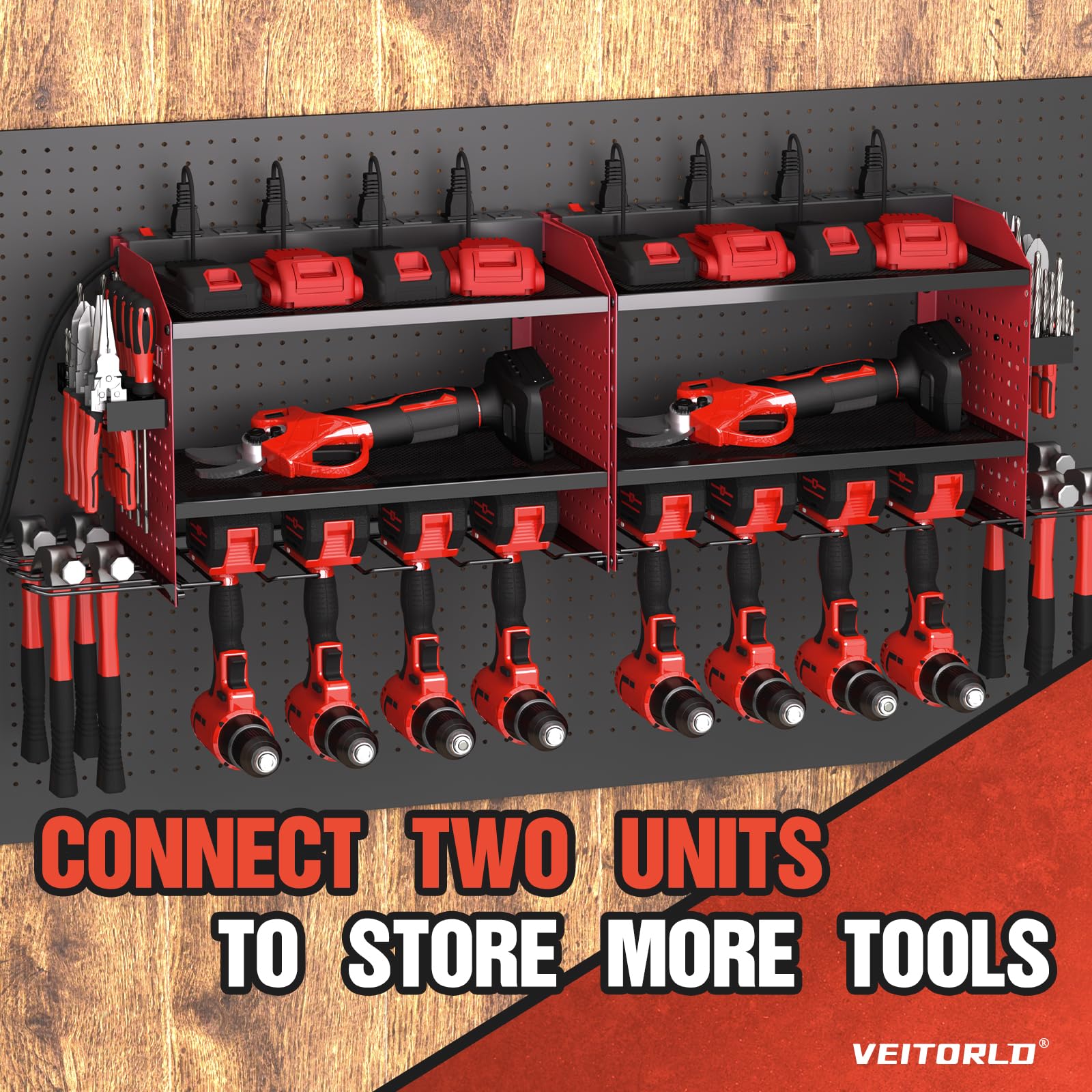 Veitorld Power Tool Organizer with Charging Station, 4 Drill Holders, Heavy Duty Modular Wall Mount Rack for Garage & Shed Organization, Tool Storage Organizer, Gifts for Men Dad Husband Christmas