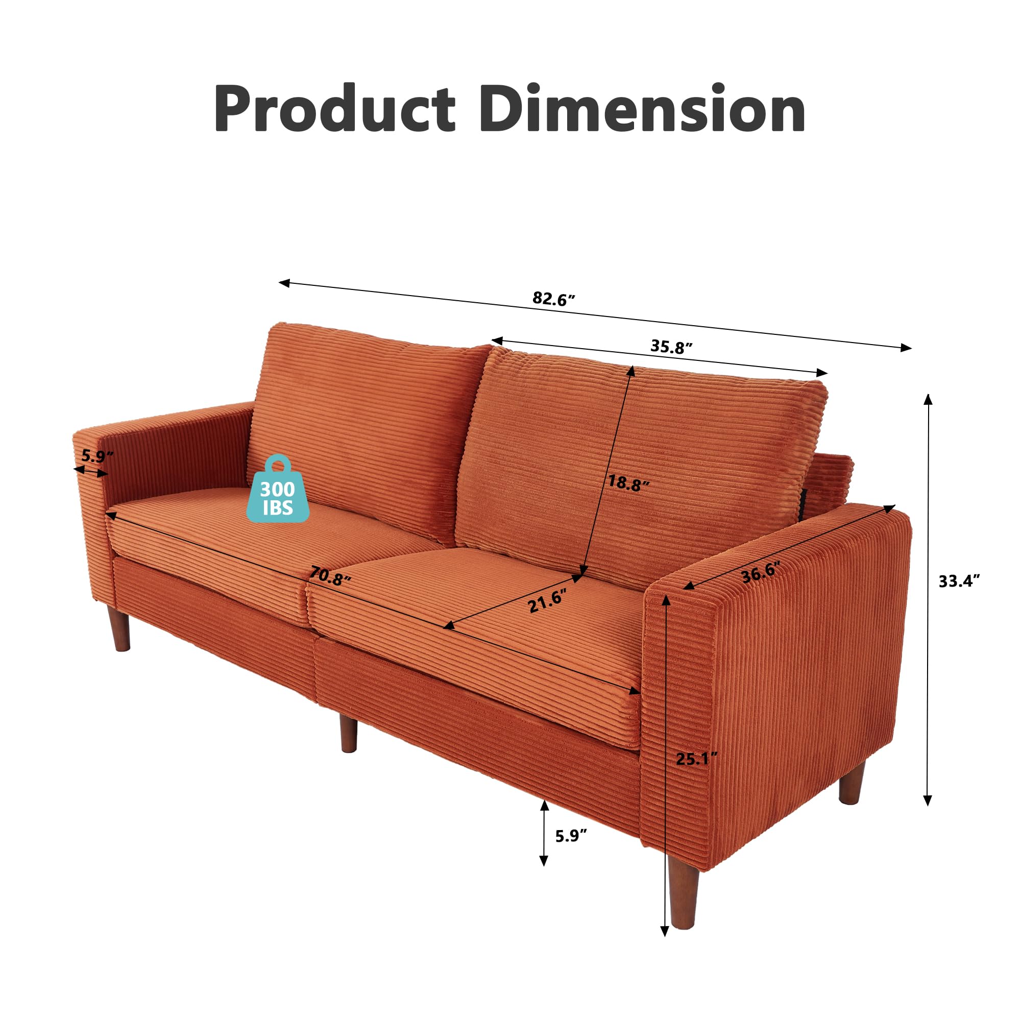 Setawix 82.6 Inch Oversized Loveseat Sofa, Corduroy Upholstered Sleeper Sofa Comfy Modular Couch with Wood Legs, Modern Deep Seat Sectional Couches for Living Room Bedroom Apartment, Orange