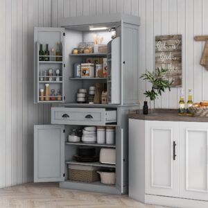 HOMCOM 71" Kitchen Pantry Cabinet with Motion Sensor Light, Tall Storage Cabinet with 6 Door Shelves, a Drawer & 4 Adjustable Shelves, for Living Room, Dining Room, Gray