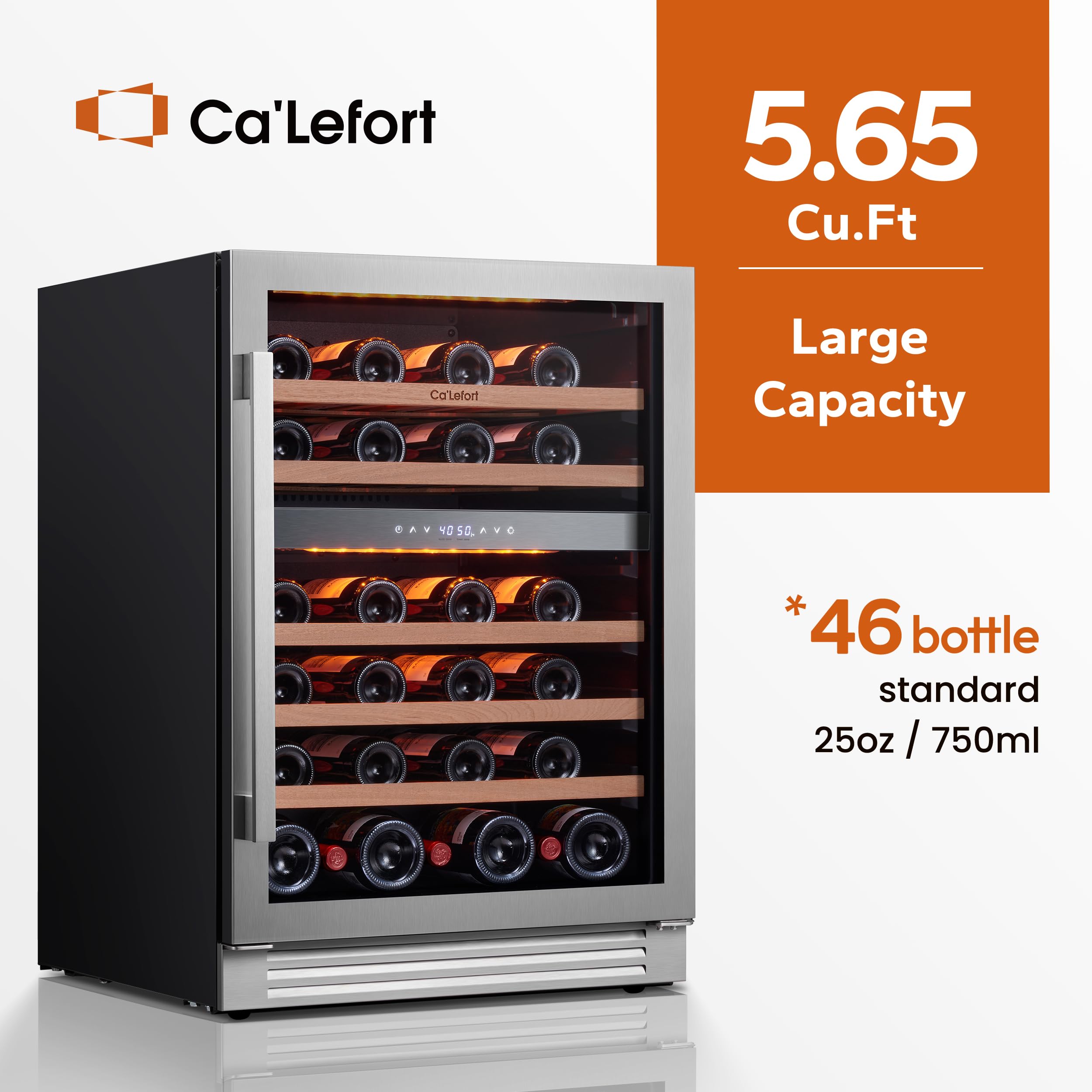 Ca'Lefort Wine Fridge & Cooler - 24 Inch Wine Cooler Refrigerator Hold 46 Bottle, 40-65°F Dual Zone Refrigerator Glass Door, 3 LED Built-in, Under Counter or Freestanding for Home Kitchen (5.65 cu.ft)