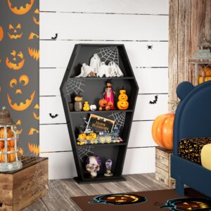 Eostbe Halloween Goth Coffin Bookshelf 48’’H - Wood Tall Coffin Shelf with Spider Web Gothic Decor，Crystal Shelf for Display, Black Spooky Curio Shelf for Home Decor, Witchy Room Decor for Oddities