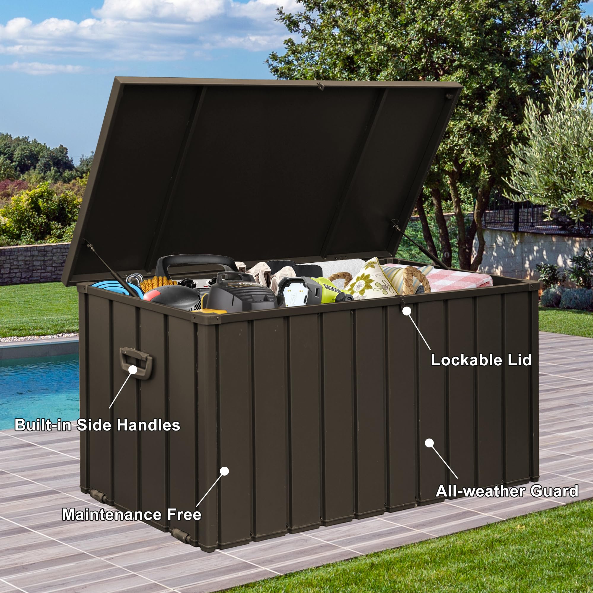 Domi 120 Gallon Deck Box Outdoor Storage Box, Lockable Storage Cabinet Deck Box Outdoor Waterproof, Large Metal Storage Bin for Patio Furniture Cushions Garden Tools Pool-Supplies, Brown