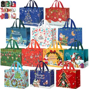 wluseaxi 12 pack large christmas gift bags with 24 christmas gift tags,reusable christmas tote bags with handles,12.6"x9.8"x6.7" christmas bags for gifts wrapping for xmas holiday party favor