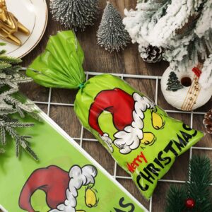 JarThenaAMCS 100Pcs Christmas Cellophane Treat Bags with Twist Ties Green Funny Cartoon Character Party Gift Bags Plastic Candy Goodie Bags for Xmas Snack Cookie Packing