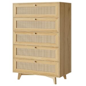 AOGLLATI Rattan Dresser for Bedroom with 5 Drawer, Modern Double Wooden Tall Bedroom Dresser, Chest of Drawers with Metal Handle & Solid Wood Legs for Bedroom/Living Room,Nature