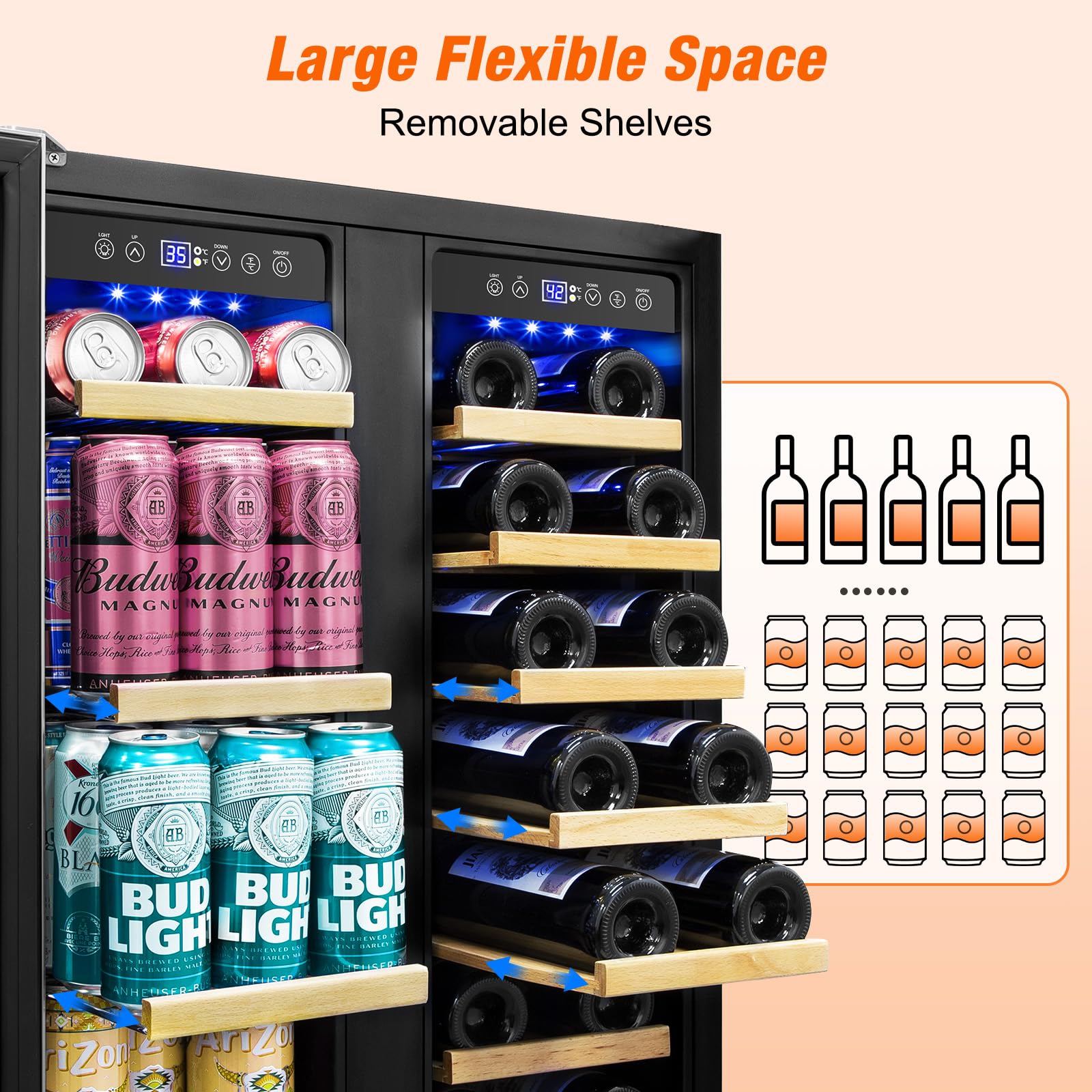 turephe Wine and Beverage Refrigerator, 24Inch Beverage Cooler Dual Zone with Glass Door, Built-in/Freestanding Beverage Fridge with Upgraded 20 Bottles and 60 Cans Large Capacity