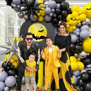 127PCS Black Yellow and Silver Balloons Arch Garland Kit, Bat Theme Balloon Arch for Men with Foil Balloons for Baby Shower Bat Theme Birthday Party Decorations