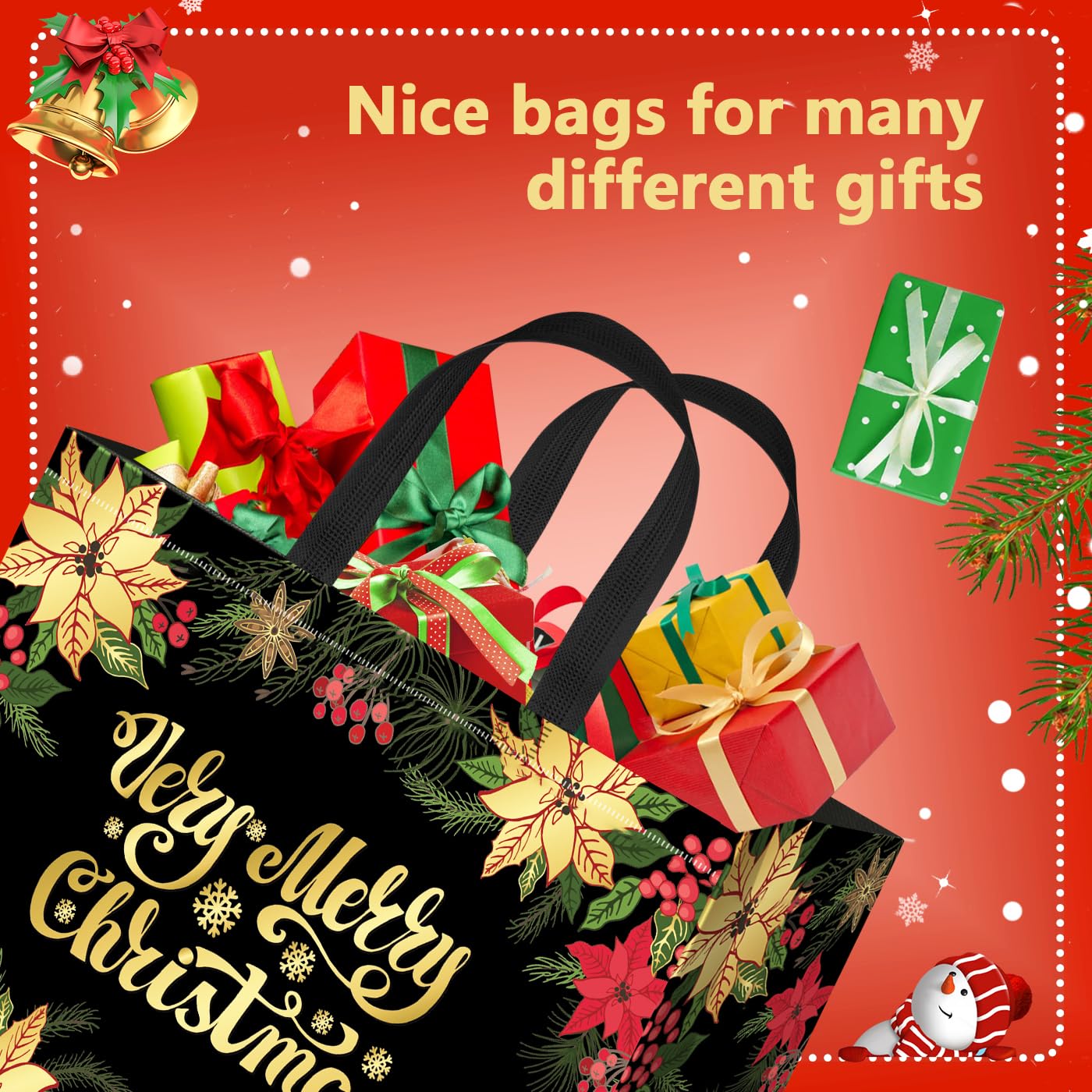 12Pack Extra Large Christmas Gift Bags, 16.5"×12.6"×7.2" Reusable Non-Woven Christmas Tote Bags with Handles, Multifunctional Holiday Gift Bags for Christmas Presents, Party Favors, Groceries, and Goodies