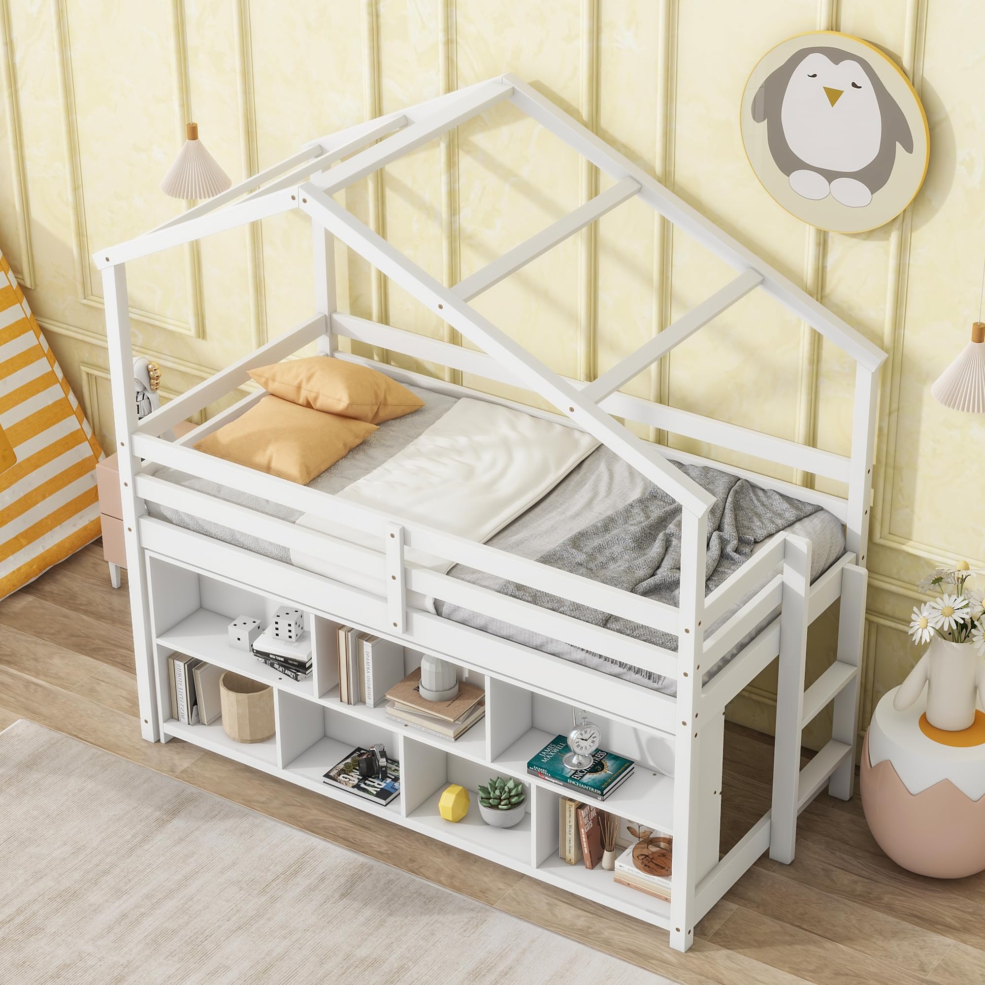 Twin Size House Loft Bed with Roof Frame, Under Bed Shelving Storage Unit, Solid Wood Loft Bed Frame with Ladder and Guardrails for Kids Teens Boys Girls, No Box Spring Needed (White)