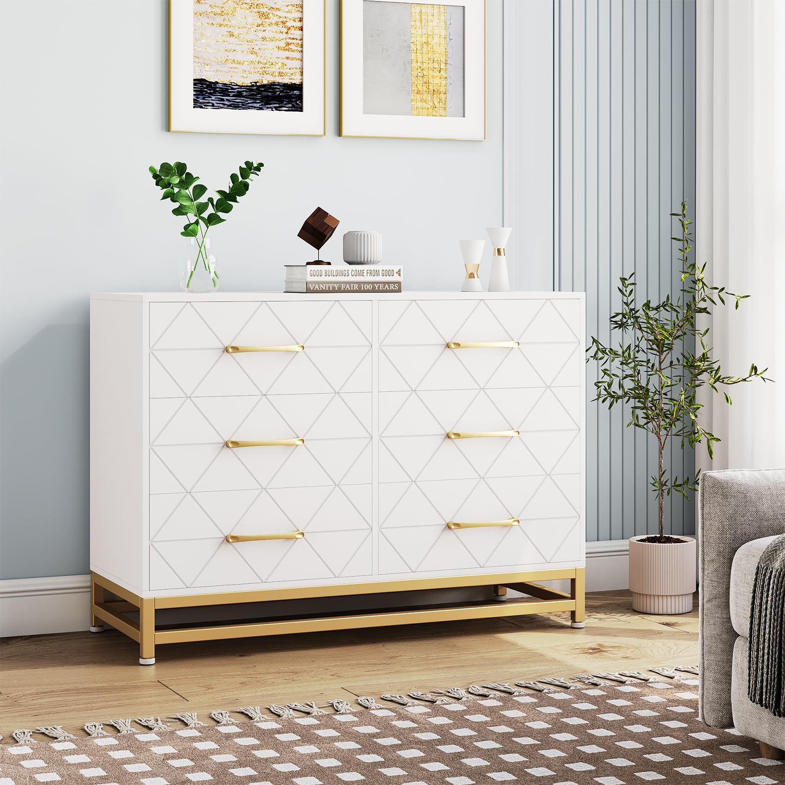 GarveeHome Dresser for Bedroom with 6 Drawer Double Dressers, Modern Wooden Dresser Chest, Beside Table for Closet, Nursery, Living Room, White