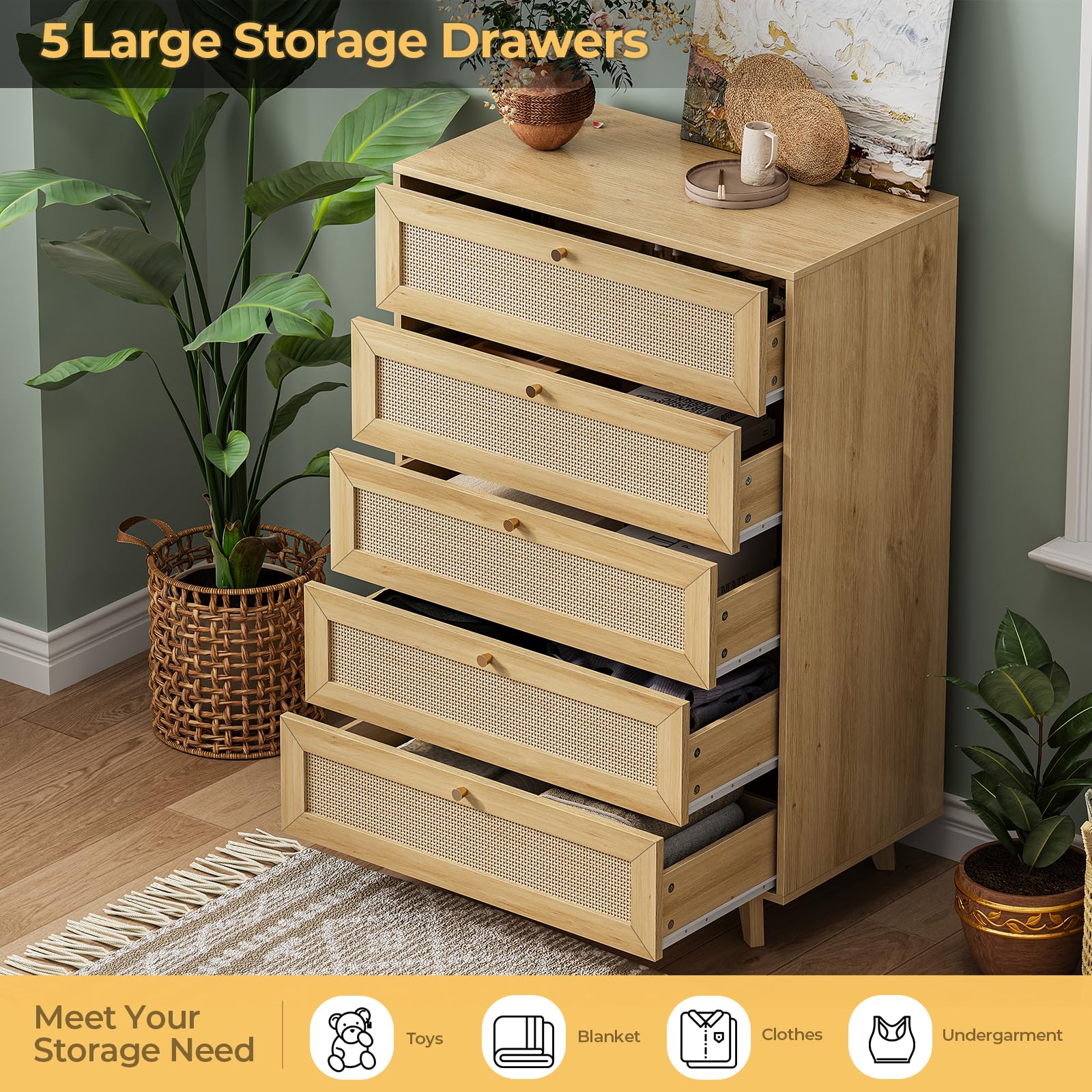 AOGLLATI Rattan Dresser for Bedroom with 5 Drawer, Modern Double Wooden Tall Bedroom Dresser, Chest of Drawers with Metal Handle & Solid Wood Legs for Bedroom/Living Room,Nature