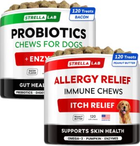 allergy relief + probiotics dogs bundle - itchy skin treatment + digestive enzymes - omega 3 & pumpkin + prebiotics - dogs itching & licking treats + improve digestion - 240 chews - made in usa