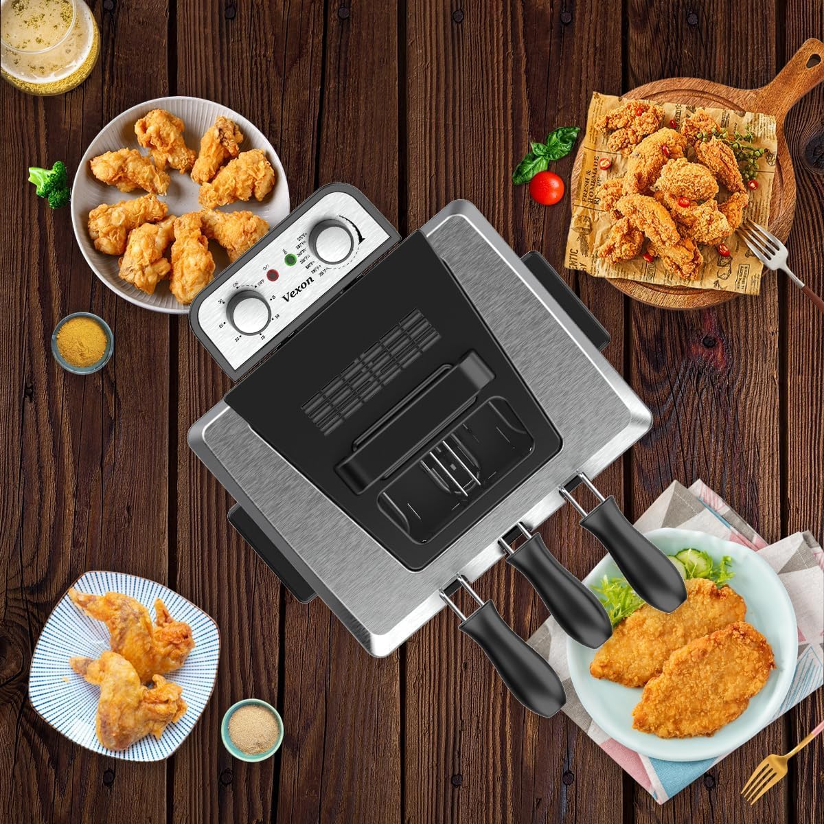 1800W Electric Deep Fryer, 5 Liters Large Tank Stainless Steel Deep Fryer, Immersion Element Deep Fryer with 3 Frying Baskets, Electric Oil Fryer for Kitchen, Temperature Control, View Window Lid