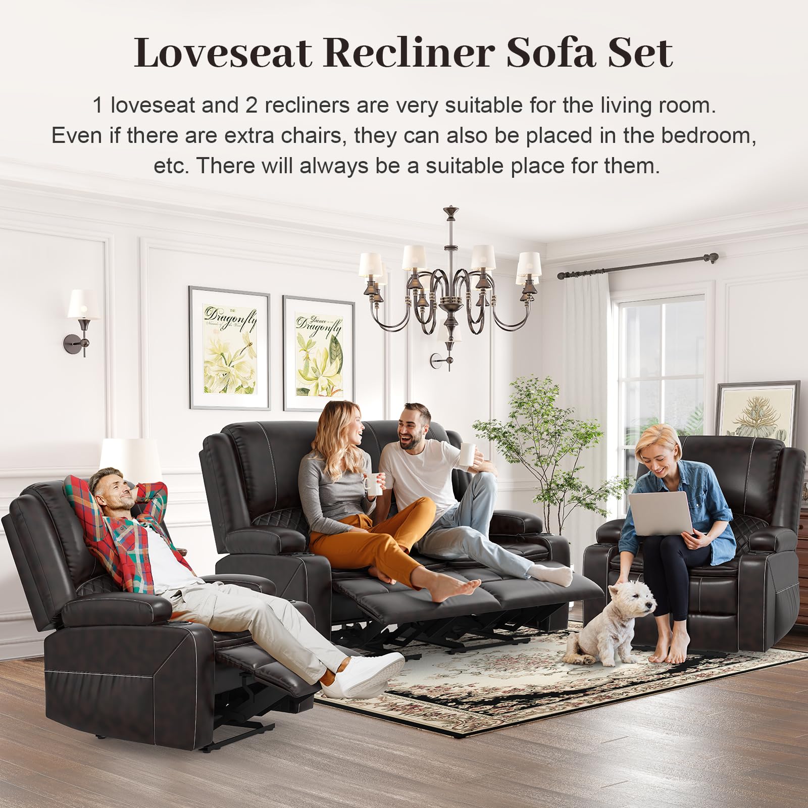 Yolsali Loveseat Recliner Sofa Set with 2-Tier Cushion, 2+1+1 Pieces in Living Room, 2 Seater Reclining Loveseat Leather with Removable Console, 2 Oversize Recliner Chair Sofa Seat