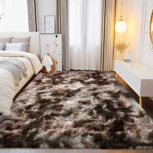 Isdook Shaggy Rugs Fluffy Rug, Plush Area Rugs for Living Room Nursery Home Decor, Tie-Dyed Brown Anti-Skid Rectangular Fuzzy Rug 4x6 Feet