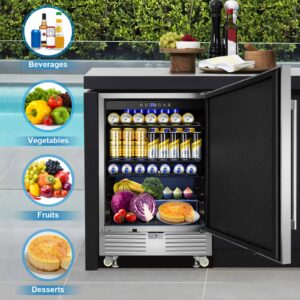 Outdoor Refrigerator with Wheels, 24 Inch Undercounter Beverage Fridge Lockable, 180 Cans Beverage Cooler Durable and Waterproof for Outdoor Kitchen and Patio