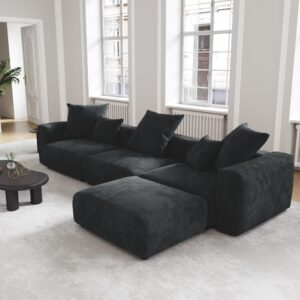 Sdorens L Shaped Sofa with Ottoman, 141.73" Modular Sectional Sofa Couch, Corduroy Fabric Couches with 5 Pillows, Oversized Sectional Sofa for Living Room, Black