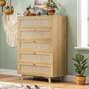 AOGLLATI Rattan Dresser for Bedroom with 5 Drawer, Modern Double Wooden Tall Bedroom Dresser, Chest of Drawers with Metal Handle & Solid Wood Legs for Bedroom/Living Room,Nature