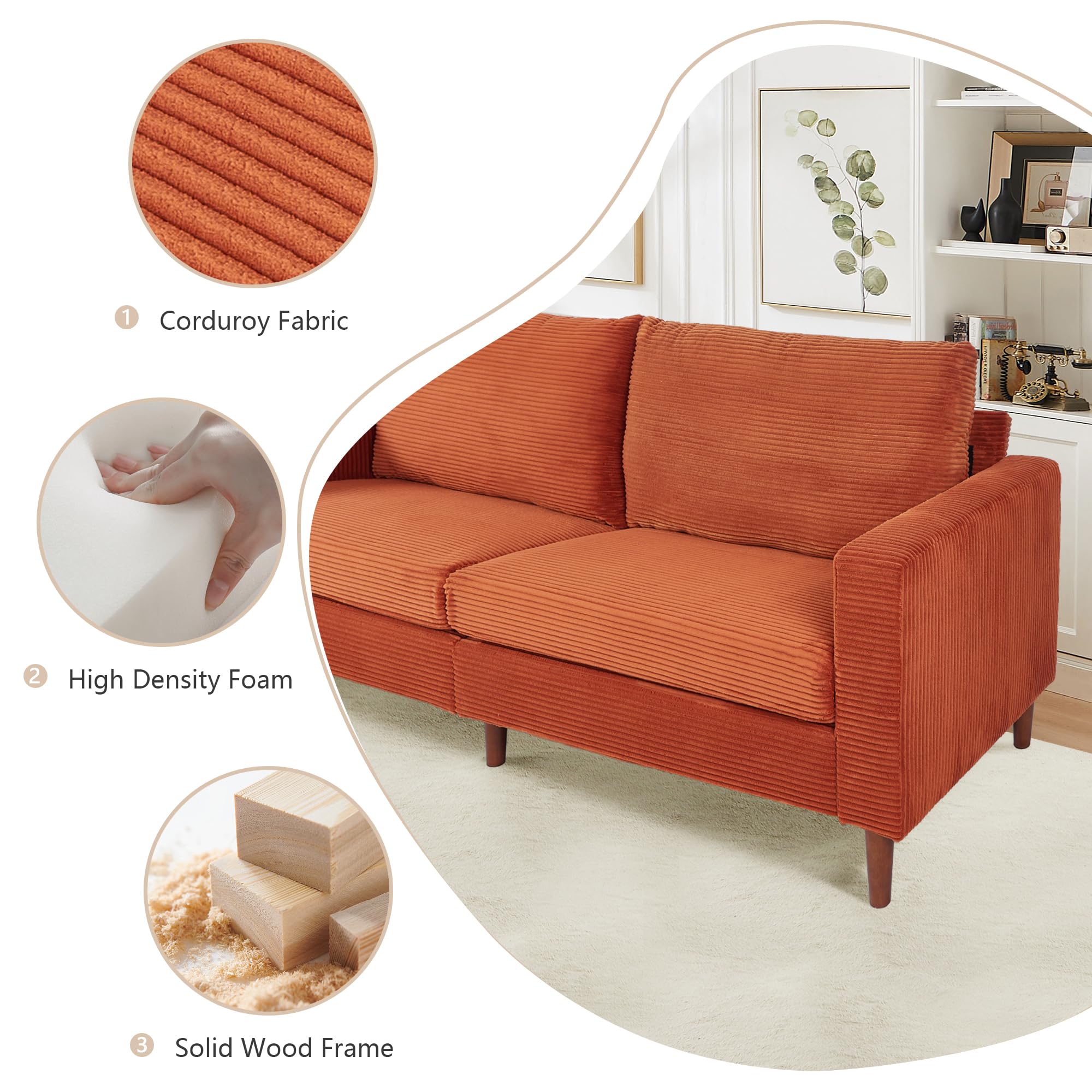 Setawix 82.6 Inch Oversized Loveseat Sofa, Corduroy Upholstered Sleeper Sofa Comfy Modular Couch with Wood Legs, Modern Deep Seat Sectional Couches for Living Room Bedroom Apartment, Orange