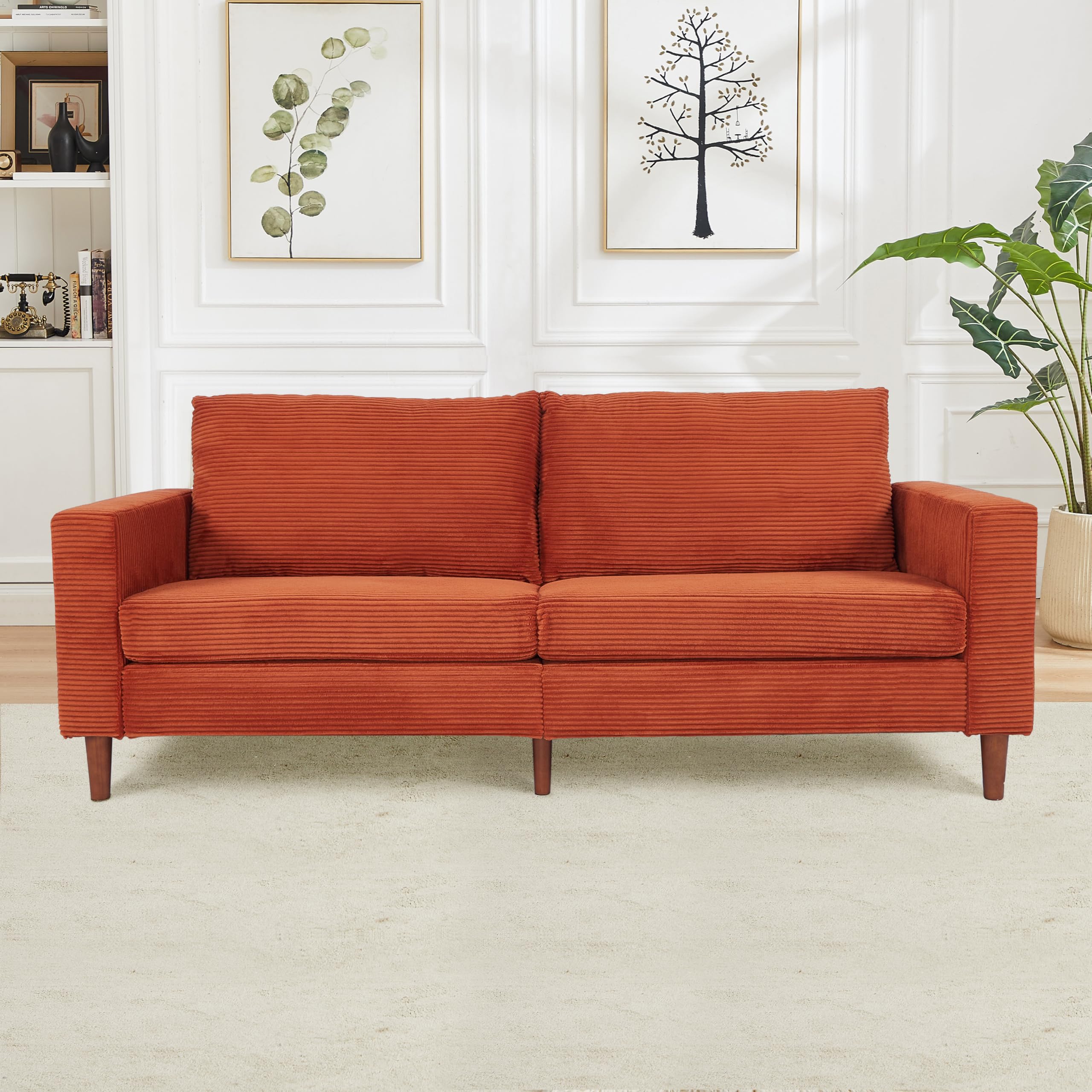 Setawix 82.6 Inch Oversized Loveseat Sofa, Corduroy Upholstered Sleeper Sofa Comfy Modular Couch with Wood Legs, Modern Deep Seat Sectional Couches for Living Room Bedroom Apartment, Orange