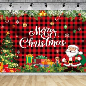 7x5ft christmas banner christmas tree santa claus snowflake christmas backdrop home outside office decorations red and black plaid xmas winter hanging wall party banner for photoshoot