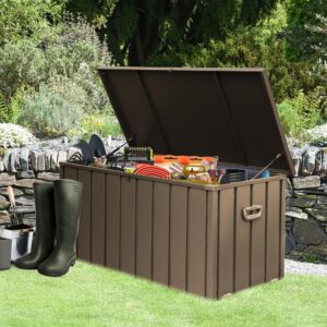 Domi 120 Gallon Deck Box Outdoor Storage Box, Lockable Storage Cabinet Deck Box Outdoor Waterproof, Large Metal Storage Bin for Patio Furniture Cushions Garden Tools Pool-Supplies, Brown