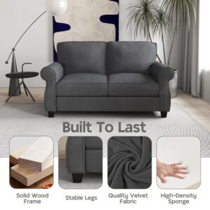 Yattem 56” Loveseat Sofa Couch: Modern Small Dark Gray Velvet Loveseat Sofa Couch - Small Space Saving Modern Upholstered 2 Seater Love Seat Sofa Couch for Living Room Bedroom Apartment Small Space