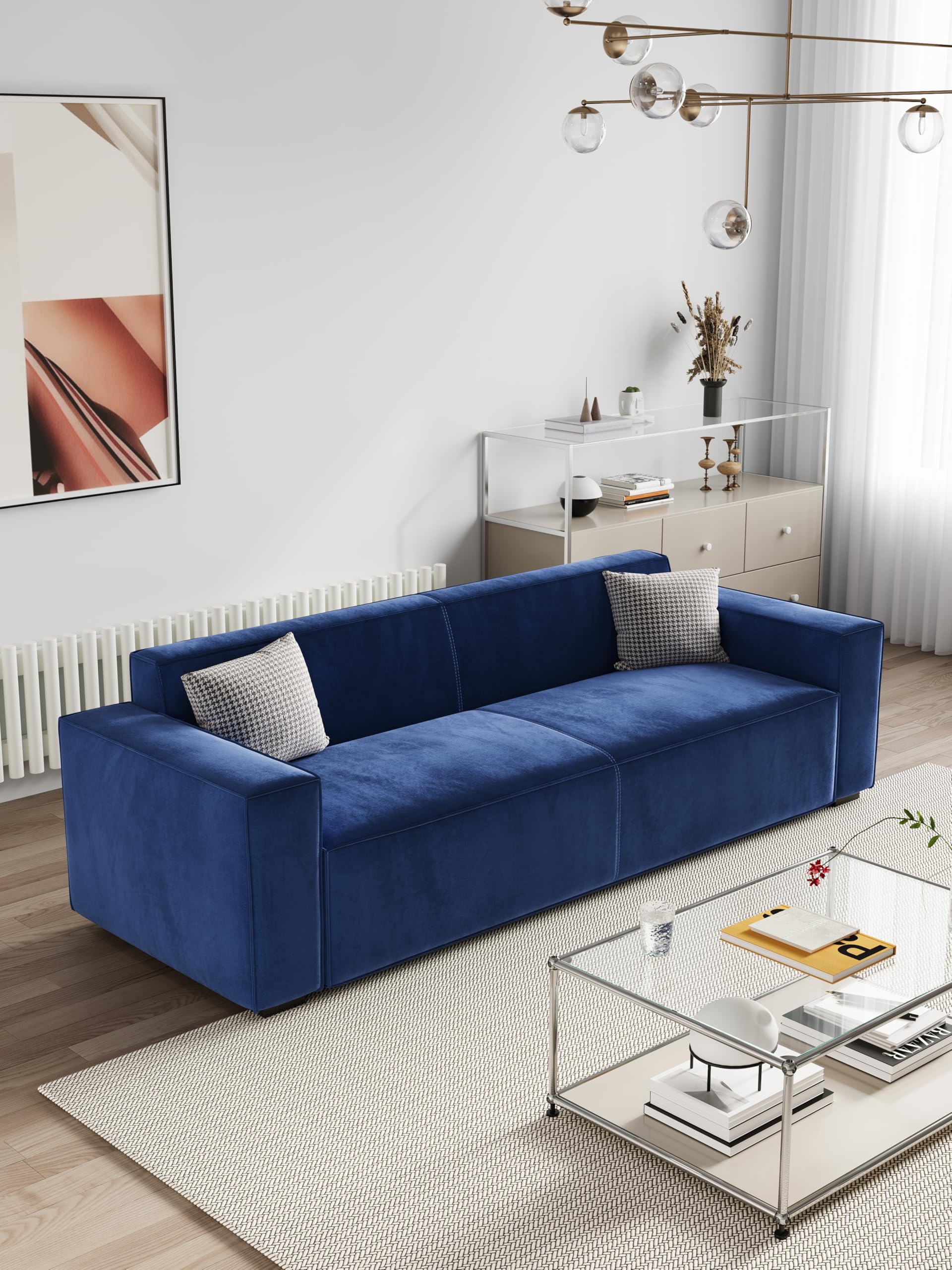 Yoglad 88.6" 3-Seater Modern Minimalist Sofa with Square Armrests, Oversized Seat Velvet Couch and 2 Pillows, Right Angles Geometry Loveseat Furniture for Living Room Small Apartment (Klein Blue)