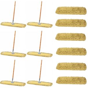 24 inch yellow dust mop with wood handle and 24 inch dust mop refill bundle - 6 mop sets and 6 refills